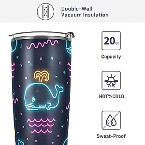 HXshaoye Summer neon Whale wave black Stainless Steel coffee cups with lids with Straw Lid travel mug with lid for Water, Iced Tea or Coffee Aesthetic 20oz coffee mug vaso para agua 20oz