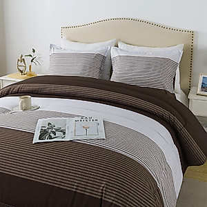 Andency Stripe Comforter Set Queen Size (90x90 Inch), 3 Pieces Brown Patchwork Striped Comforter, Soft Microfiber Down Alternative Comforter Bedding Set with Corner Loops
