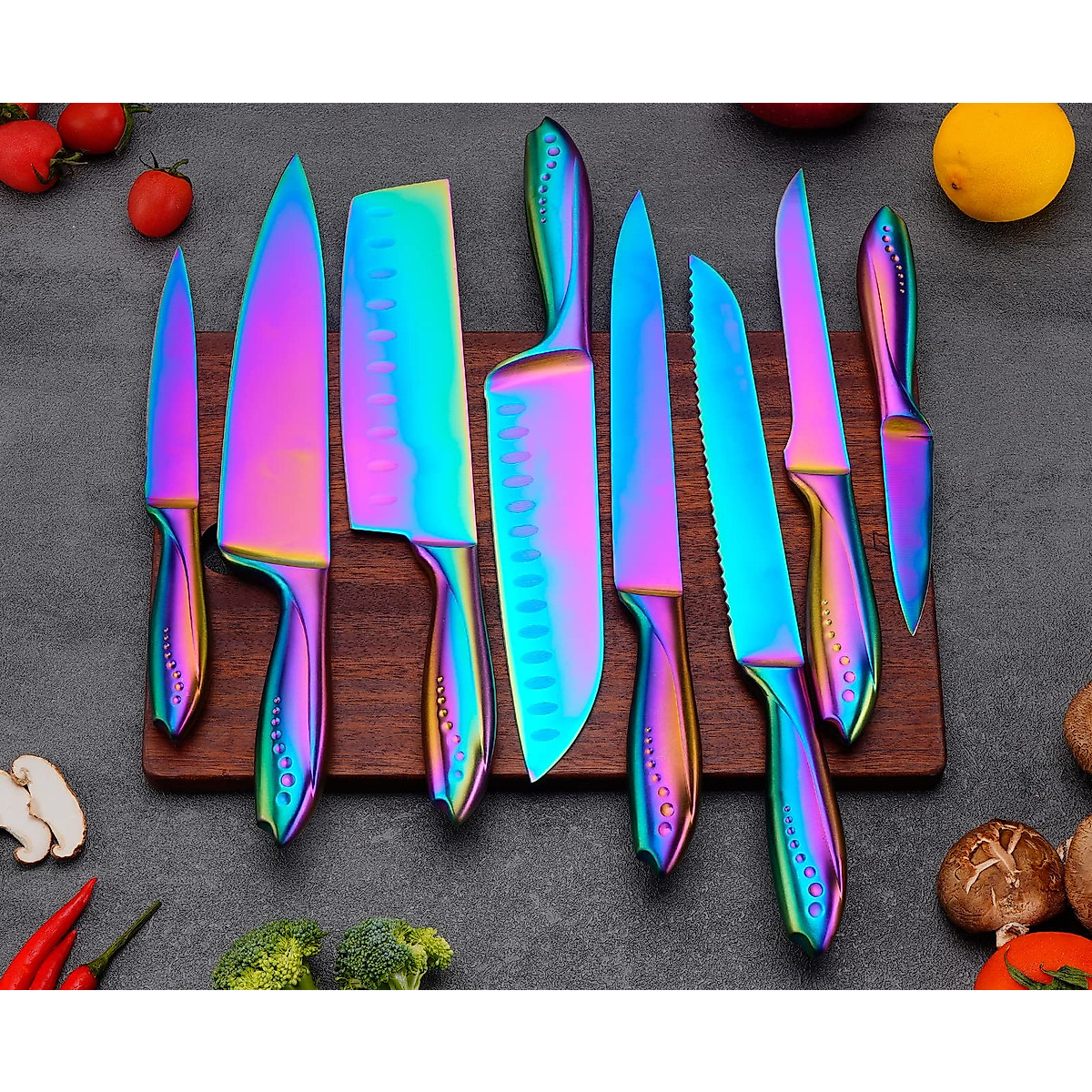 WELLSTAR Rainbow Knife Set 16 Pieces with 8 Knives and 8 Blade Guards, Iridescent German Stainless Steel Kitchen Knives with Durable Sheath Cover, Colorful Titanium Coated Chef’s Cooking Knife Set