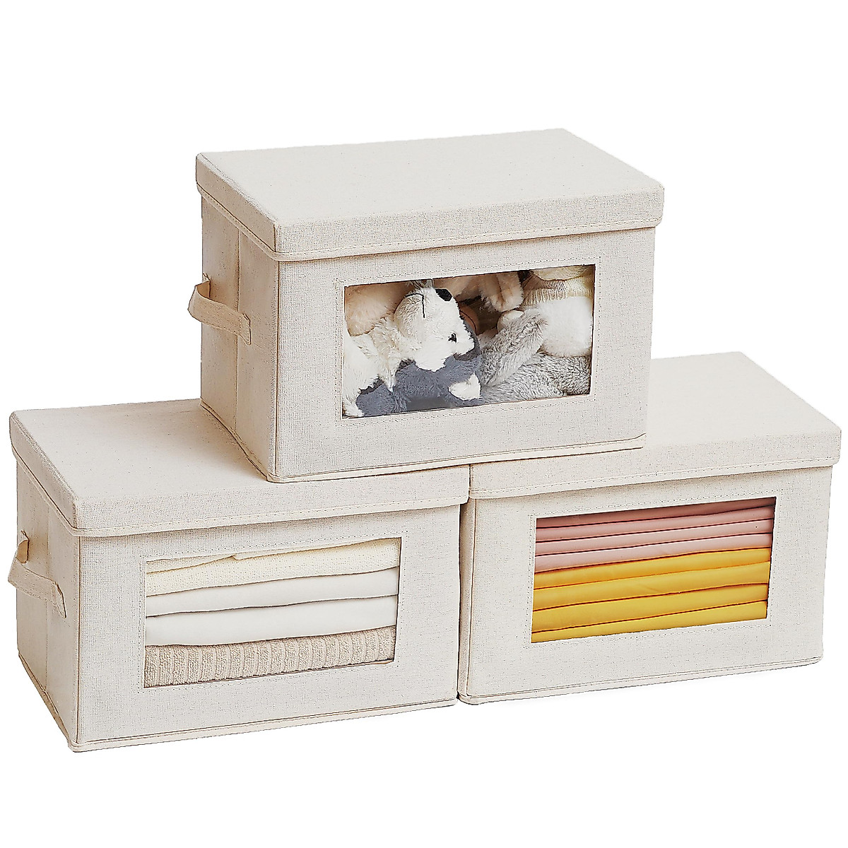 Citylife 3 Pack Storage Bins with Lids, Fabric Foldable Storage Bins with Soft Cord Handles, Canvas Storage Bin with Lid for Organizing Clothes, Blankets and Books, Beige