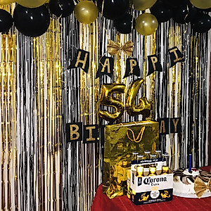 CANREVEL 2 Pack 3.3x8.2 Feet Black and Gold Foil Fringe Backdrop Curtains, Tinsel Streamers Birthday Party Decorations, Fringe Backdrop for Graduation, Baby Shower, Happy New Year, Disco Party