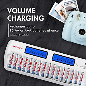 Tenergy TN438 16 Bay Battery Charger for AAA and AA Rechargeable Batteries, AA/AAA NiMH/NiCd Rechargeable Batteries Charger with AC Wall Adapter and Car Adapter