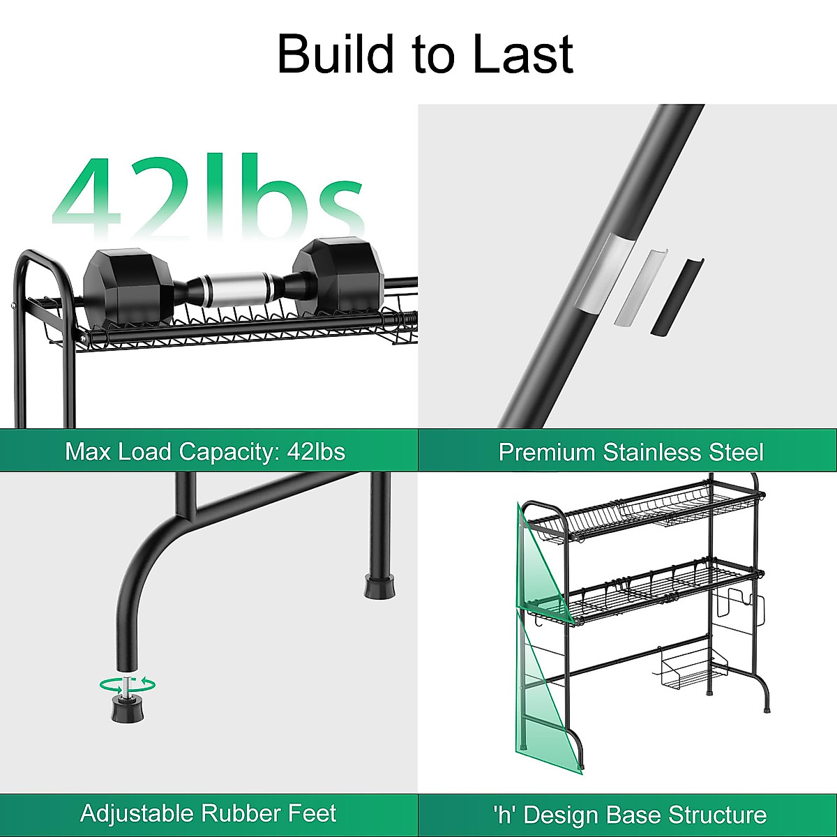 GSlife Over The Sink Dish Drying Rack Stainless Steel 2 Tier Dish Rack Above Kitchen Sink Shelf Durable Dish Drainer, Black