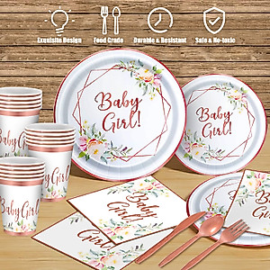 Baby Shower Decorations for Girl, 247PCS Floral Girl Baby Shower Decorations Party Supplies with Background, Disposable Tableware (24 Guests), "It's A Girl" Banner, Butterfly Balloon Kit &Tablecloth