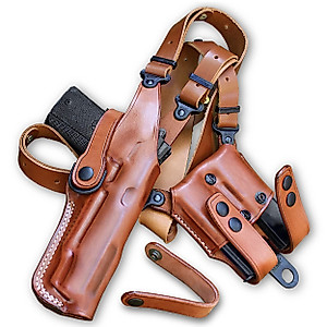 Premium Leather Vertical Shoulder Holster System with Double Magazine Carrier Fits Standart 1911 5'' BBL Colt, Kimber, para, Springfieldd, R/H Draw Brown Color