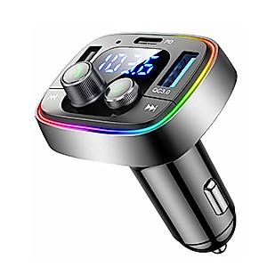 LIHAN Bluetooth Adapter for Car, Wireless FM Radio Transmitter, Handsfree Calling & Audio Receiver, MP3 Music Player, QC3.0 & Type-C PD USB Car Charger,7 Colors LED Backlit