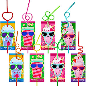 JOYIN 32 Pack valentines day Straws with Cards, Colorful Crazy Reusable Drinking Straws for kids, Valentines Day Gift, Classroom Exchange Prizes, Valentine Party Favors Gifts