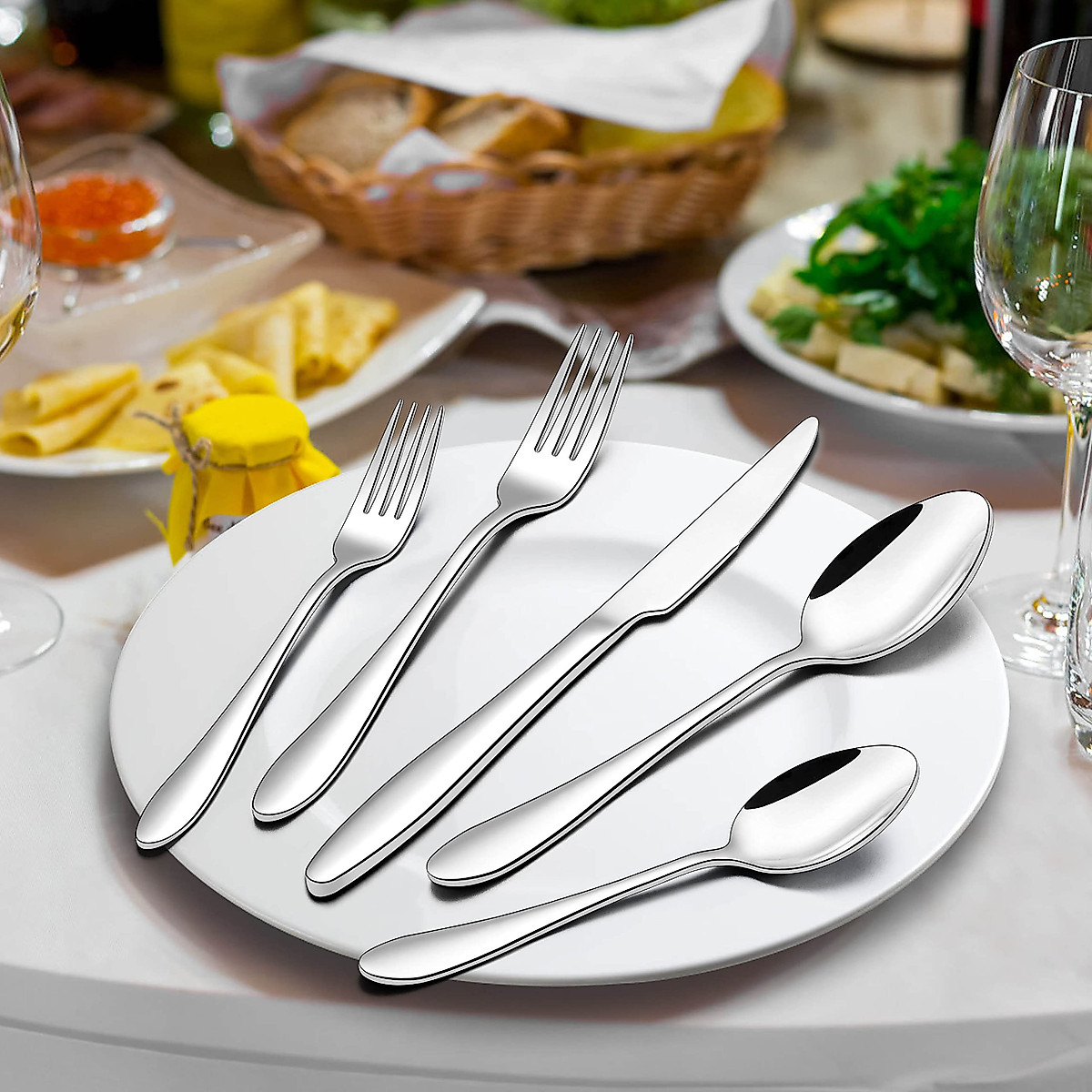 Homikit 40-Piece Silverware Set, Stainless Steel Flatware Cutlery Set for 8, Modern Home Restaurant Wedding Eating Utensils, Include Knife Spoon Fork, Dishwasher Safe, Mirror Polished