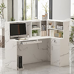 Homsee Reception Desk L-Shaped Office Desk with Counter, 1 Door Storage Cabinet, 1 Lockable Drawer, Hutch Shelf and Keyboard Tray (White Marble)