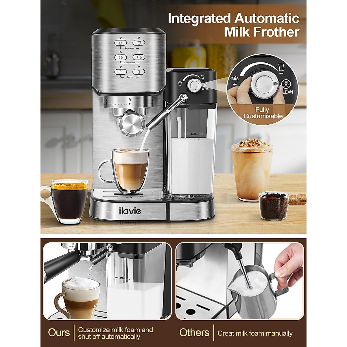 ILAVIE Espresso Machine 20 Bar, 6 in 1 Espresso Coffee Machine Built In Milk Frother for Espresso, Cappuccino and latte with 1000ML Water Tank, 1350W