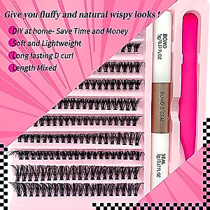 40D Lash Extension Kit 200 Pcs Lash Clusters DIY Individual Lashes Eyelash Extension Kit D Curl Volume Cluster Lashes Wispy with Long Lasting Lash Bond and Seal and Lash Tweezers