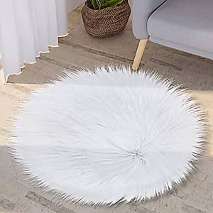 Sibba Faux Fur Small Area Rug Chair Desk Sofa Cover Carpet 35 cm Fluffy Plush Seat Pad Protectors for Home Bedrooms Aesthetic Decor (White Round)
