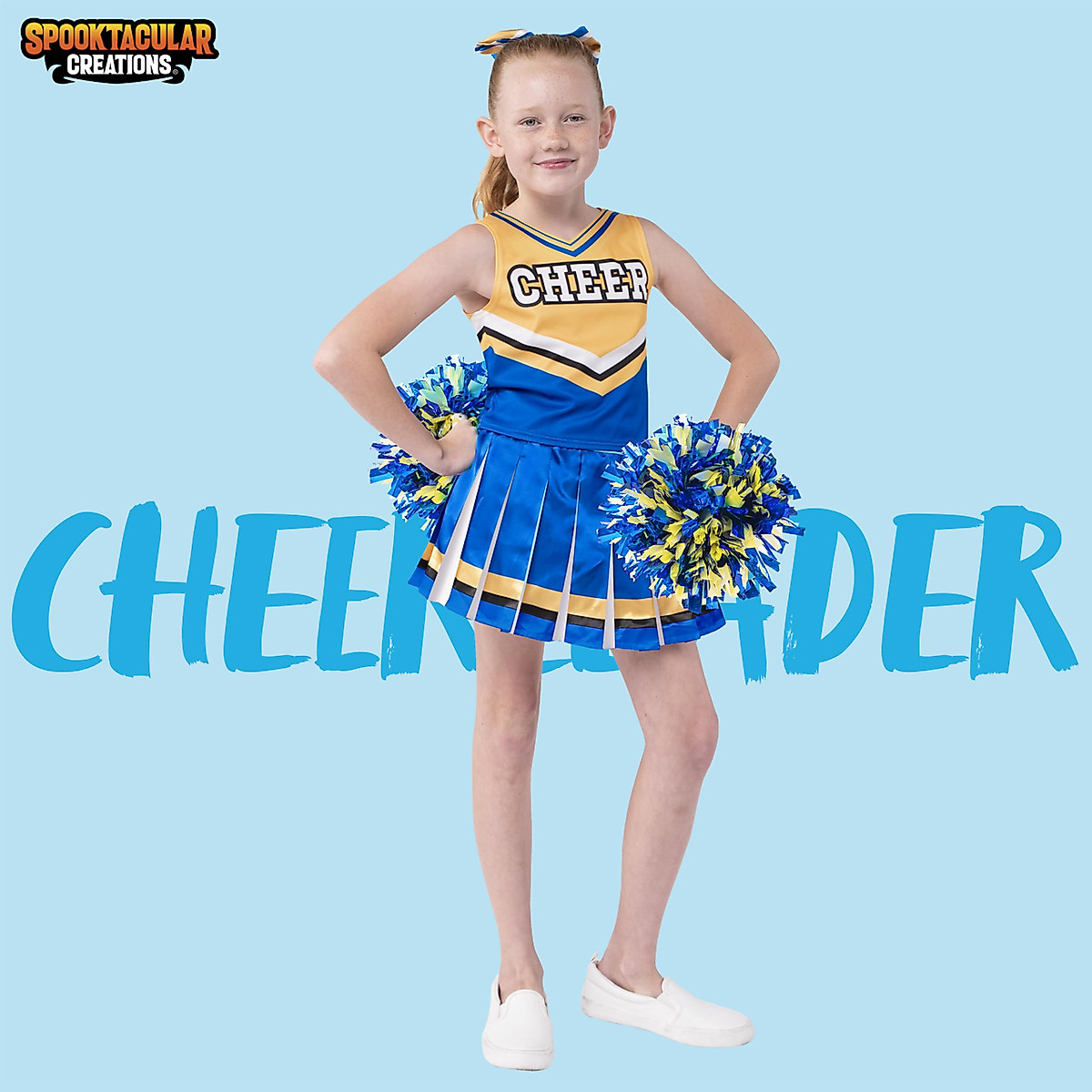 Spooktacular Creations Girl Blue Cheerleader Costume, Halloween Cute Cheer Uniform Outfit with Accessories for Halloween High School Cheerleader Dress Up Costume-M