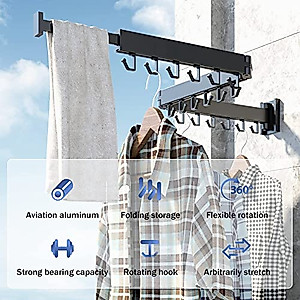 HEILAIYI Clothes Drying Rack for Laundry,Wall Mounted Clothes Hanger Rack,Folding,Retractable,Collapsible(J Shape Hooks)