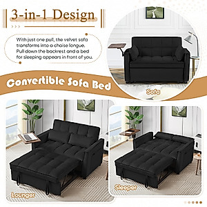 Velvet Sleeper Sofa Bed with Side Table, 3-in-1 Pull Out Loveseat with Adjustable Backrest, Modern Futon Couch with 2 Pockets and Pillows, Convertible Small Love Seat for Living Room, Bedroom, Black