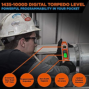 Johnson Level & Tool 1435-1000D Magnetic Programmable Digital Torpedo Level, 10", Orange, 1 Level