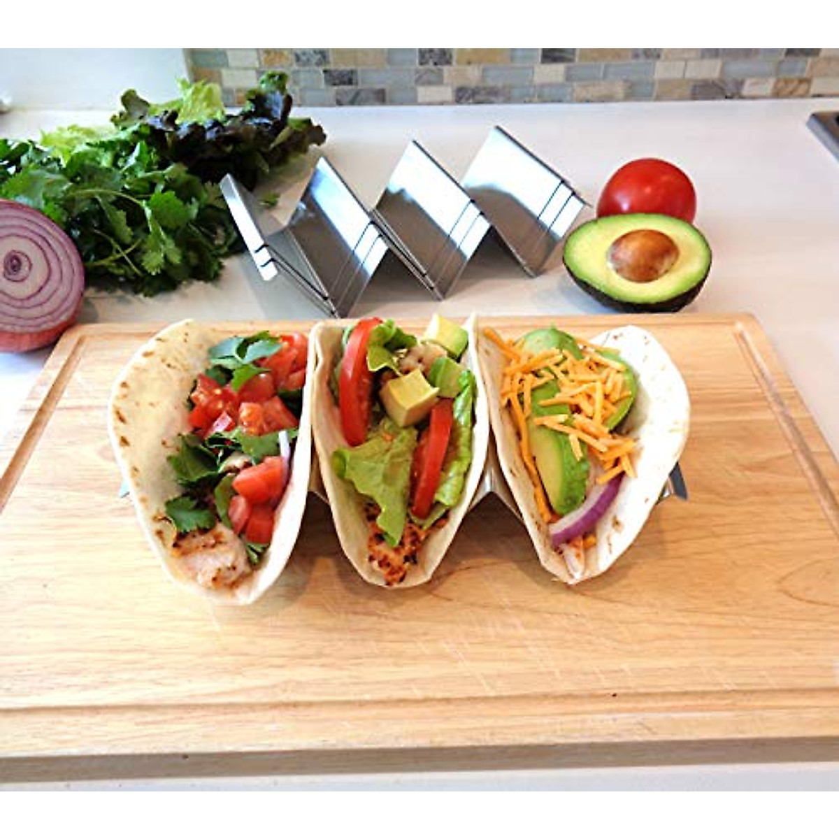 OH Ovation Home Stainless Steel Taco Holders with Handles - Hold 3 Tacos Each (4)