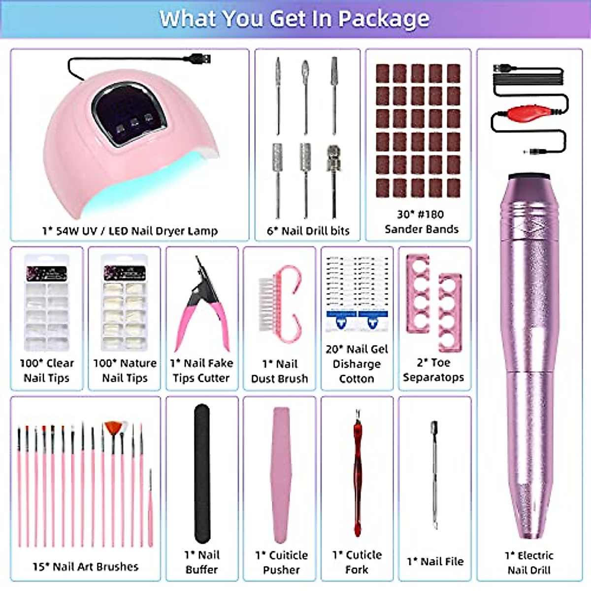 Acrylic Nail Kit with Drill, Nail Supplies with Everything Electric Nail Drill 54W U V LED Nail Light Dryer Lamp Polishing Manicure Pen, False Nail Tips Nail Files Art Brushes Nail Set for Beginner