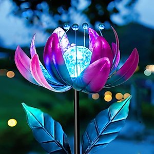 AIINY Solar Purple Metal Flower Wind Spinners, Colorful Spinning Windmill Lotus Yard Art Lights Wind Pinwheels with LED Crystal Ball Decorative Stake Lighting Flower Sculpture
