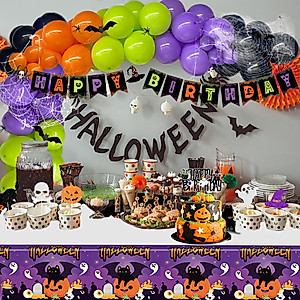 Fiesec Halloween Birthday Party Decorations, Halloween Themed Birthday Party Decorations Backdrop Happy Birthday Banner Balloon Garland Tablecloth Cake Topper Spider Ghost Purple Black Orange