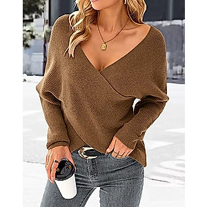 KIRUNDO 2023 Fall Winter Women's Long Sleeve Cross Wrap V Neck Knit Sweater Off Shoulder Backless Casual Pullover Tops(Camel, Small)