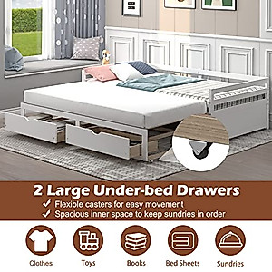 DORTALA Twin to King Daybed with Trundle and 2 Storage Drawers, Modern Extendable Daybed with Pull Out Bed Twin, Dual-use Sofa Bed for Bedroom, Guest Room, Living Room, No Box Spring Required, White