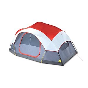 Outbound 8 Person 3 Season Lightweight Easy Set Up Dome Camping Tent with Room Divider, Heavy Duty Rainfly, Tent Stakes, and Carrying Bag, Red/Gray