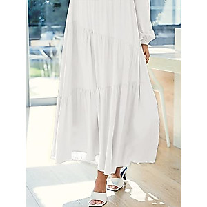 ANRABESS Women’s Boho Casual Loose Puff Long Sleeve Crewneck Asymmetric Tiered Beach Maxi Long Dress 596bai-S White