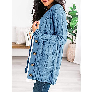 PRETTYGARDEN Women's Open Front Cardigan Sweaters Fashion Button Down Cable Knit Chunky Outwear Coats (Blue,Small)