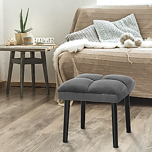 HOUCHICS Gray Vanity Stool Ottoman Stool, Square Makeup Stool with Wooden Legs, Small Ottoman Stool Chair for Vanity, Modern Padded Sofa Seat Foot Rest Stool(Gray)