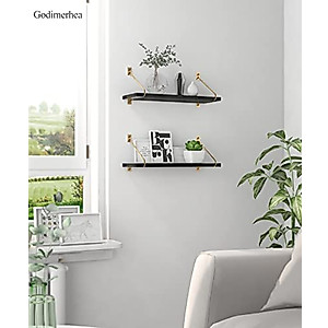 Godimerhea Black Floating Shelves for Wall, Set of 2 Wall Mounted Hanging Wood Shelf with Gold Brackets, Modern Luxury Decor Organizers Storage Shelves for Bathroom, Living Room, Bedroom