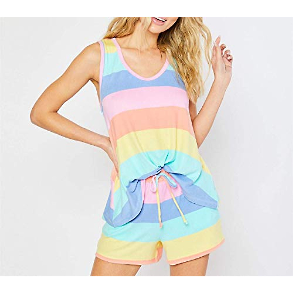 CHUNG Women's Cute Cotton Pajama Set Flamingo Print Tank Tee Shorts Sleepwear Summer (Large, Stripe Pink)