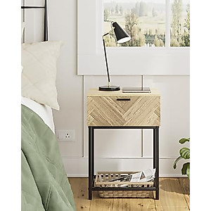 Masupu Nightstand,Bedside Tables with Storage Drawer,Tall Nightstand with Herringbone Pattern,Bedside Furniture,Small Side Table for Small Spaces, Bedroom, Living Room, Rustic Oak