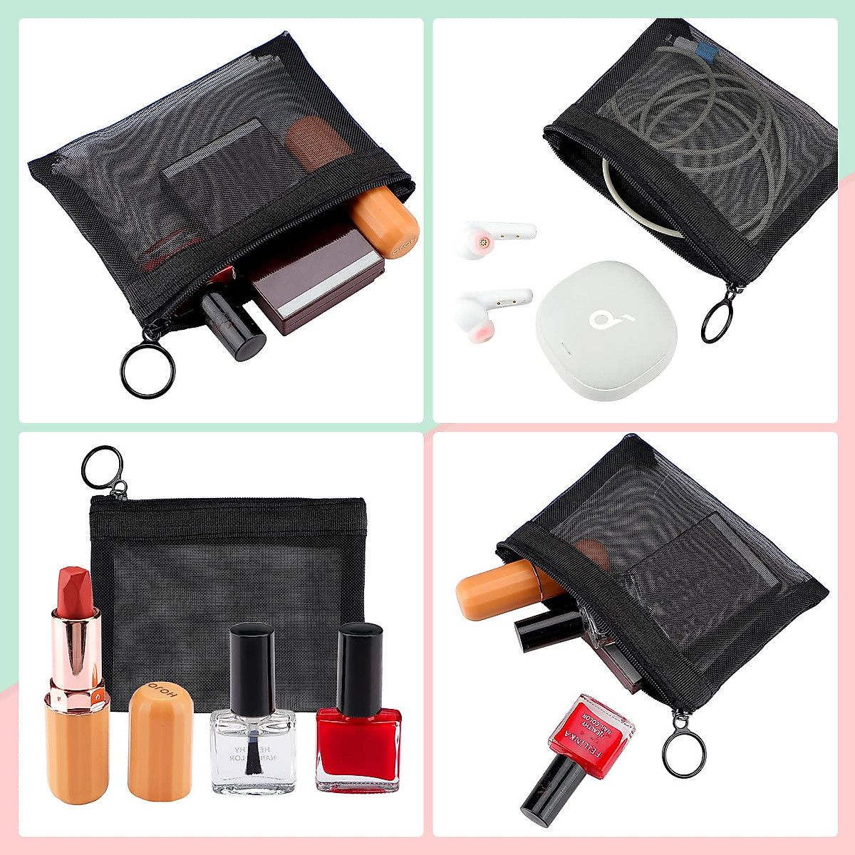 Black Small Zipper Pouch Mesh Mini Cosmetic Bag Coin Purse Bulk Mesh Coin Pouch Organizer for Women Travel Home, 5 x 4 Inch(20 Pcs)