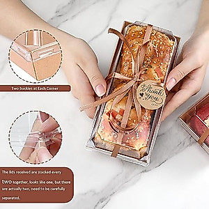 60 Pack Paper Charcuterie Boxes with Clear Secure Lids, 7.5 Inches Brown Bakery Boxes with 2 Rolls of Ribbon, Long Disposable Food Containers Treat Boxes for Macaroon, Cookies, Strawberry Dessert