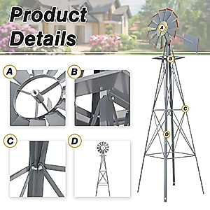 Betterland 8FT Metal Windmill Ornamental Spinner Backyard Garden Decoration Weather Vane for Yard Weather Resistant (Grey)