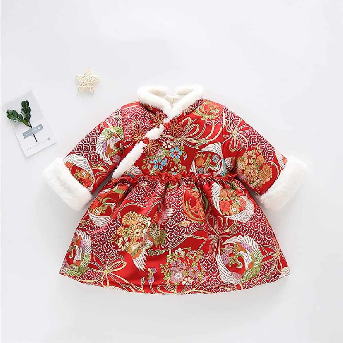 Quenny Girls' Cheongsam Dress,Baby-Girls' Thickened Chinese Style Princess Dress,Babys' New Year's Dresses. (Swan Print, Small(3-6M))