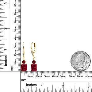 Gem Stone King 18K Yellow Gold Plated Silver Red Created Ruby Dangle Earrings For Women (6.10 Cttw, Gemstone July Birthstone, Emerald Cut 9X7MM)