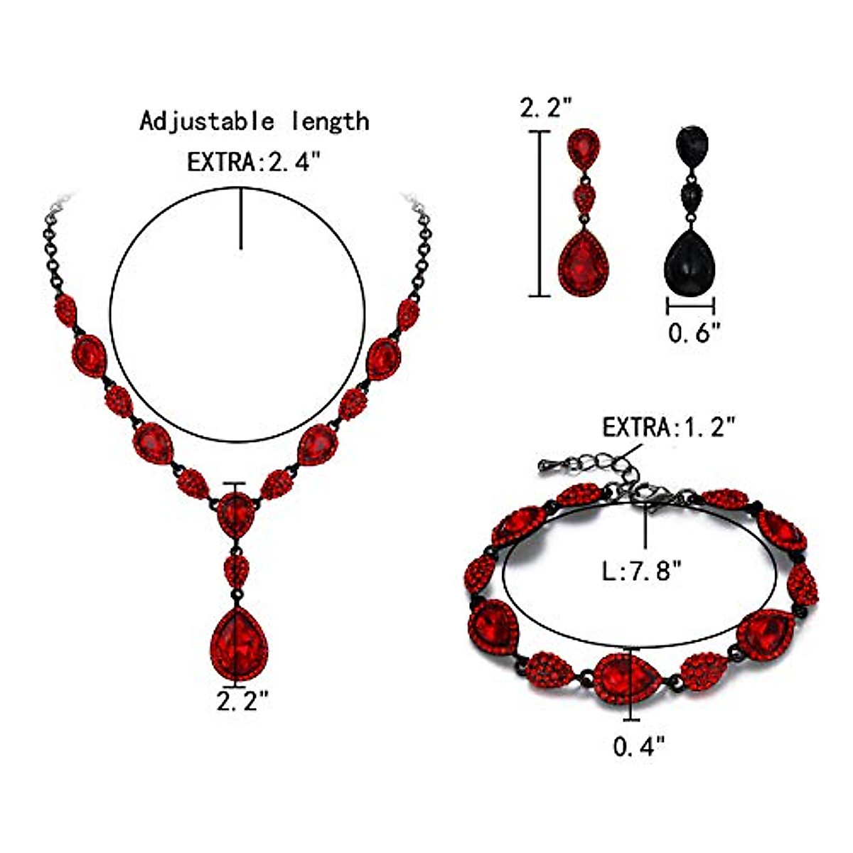 EleQueen Women's Wedding Bridal Jewelry Sets for Brides Bridesmaids, Cubic Zirconia Teardrop Necklace Tennis Bracelet Dangle Earrings Jewellery Set Ruby Black-Tone