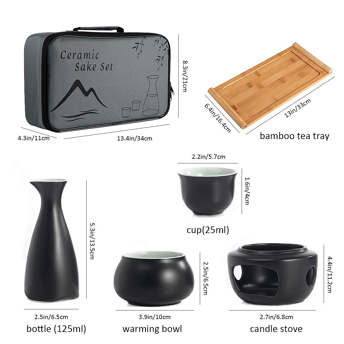 Dltsli Ceramic Sake Set + Bamboo Tray Warmer Pot, Porcelain Stovetop Hot Saki Drink Bottle, 10pcs Set 1 Stove 1 Warming Bowl 1 Sake Bottle 1 Tray 6 Cup Keep Sake Storage Gift Box (Black)