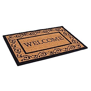 BirdRock Home Welcome Coir Doormat with Scroll Border - 24 x 36 Inch - Oversized Welcome Mat with Black Border and Natural Fade - Vinyl Backed - Outdoor