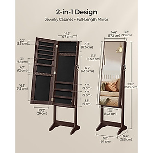 SONGMICS Mirror Jewelry Cabinet Armoire, Standing Full-Length Mirror, Lockable Jewelry Organizer, Gift Idea, Brown Surface and Black Lining UJJC69BR