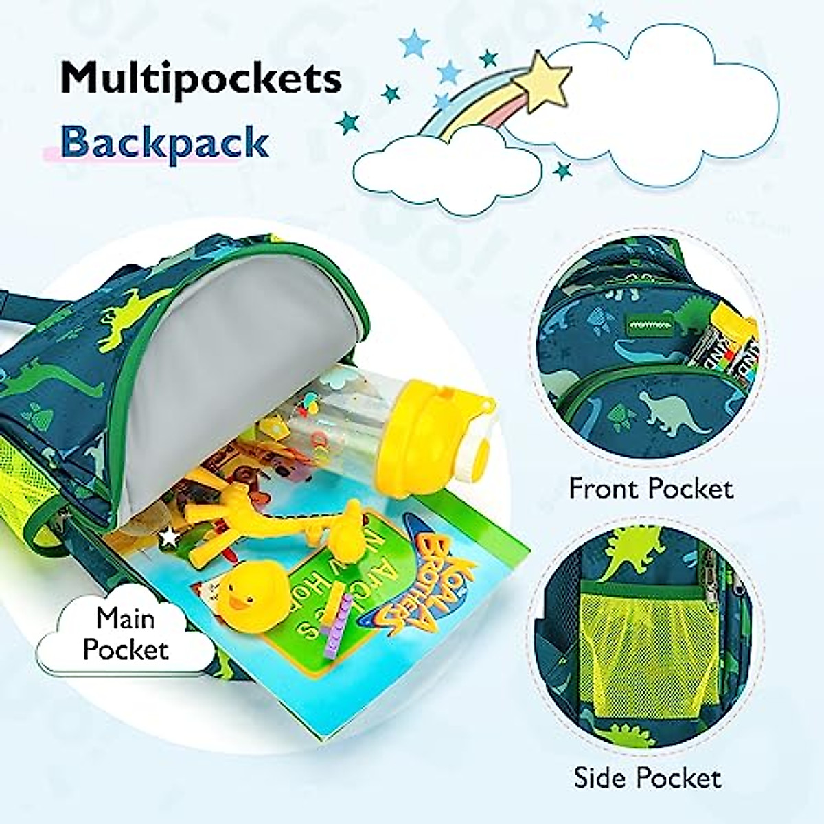 mommore Small Backpack for Kids, Dinosaur Toddler Boys Backpack Kindergarten Bookbag for Students Preschool Backpack for Children with Chest Strap Water Resistant, green