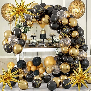 Cadeya 75 Pcs Black Gold Confetti Balloons, Huge Gold Explosion Star Aluminum Foil Balloons for Birthday, Graduation, Wedding, Baby Shower, Black and Gold Party Decorations Supplies