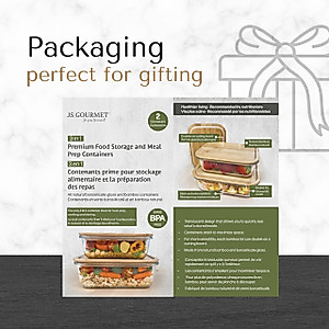 JS Gourmet 2 Pcs Glass Food Storage Containers with Bamboo Cutting Board and Airtight Lid, Ideal for Preparing and Storing Meals, Food, Fruits, Salad and more Ingredients (35oz and 51oz)