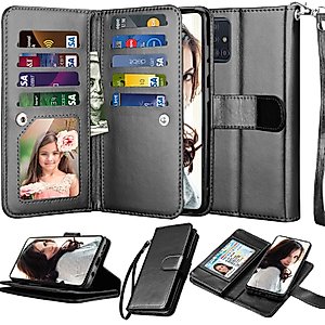 NJJEX Galaxy A71 5G Case, for Samsung Galaxy A71 5G Wallet Case, [9 Card Slots] PU Leather ID Credit Holder Folio Flip [Detachable] Kickstand Magnetic Phone Cover & Lanyard for Samsung A71 5G [Black]