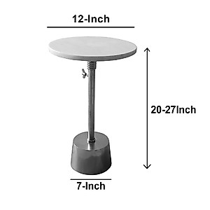 Benjara Aluminum Frame Round Side Table with Marble Top and Adjustable Height, White and Silver