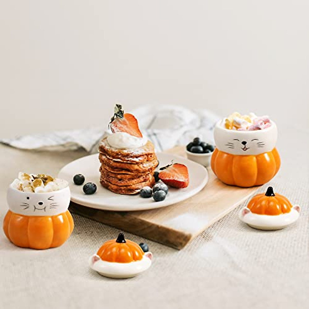 Maustic Pumpkin Mugs, Fall Autumn Mug, Pumpkin Shaped Mugs with Lovely Cat Faces, Cute Thanksgiving Halloween Decor, Novelty Cat Gifts for Kids Family Friends, Ceramic Coffee Mugs Set of 4, 5 Oz