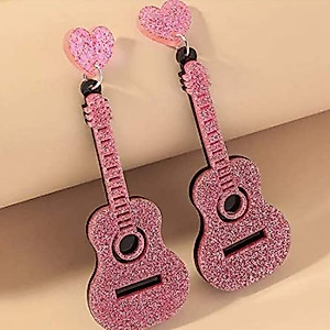Acrylic Classical Guitar Dangle Earrings Vintage Punk Renaissance Music Guitar Violin Long Drop Earrings for Women -Pink