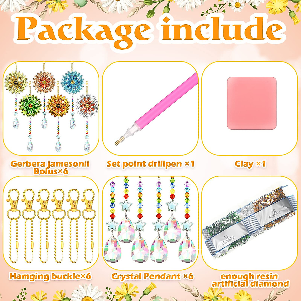 Tradder 6 Pcs Diamond Art Sun Catcher Wind Chime Double Sided Crystal Diamond Art Hanging Ornament African Daisy Sun Catcher Kit for Adults Kids DIY Craft Window Garden Home Decor